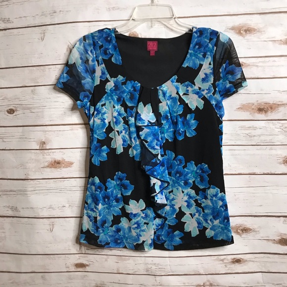 212 Collection | Tops | 22 Collection Black Floral Ruffle Sheer Top ...